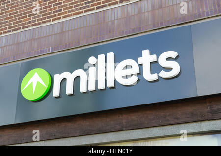 Millets outdoor clothing shop sign or logo, UK Stock Photo - Alamy