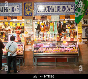 A butchers market stall in the Triana covered market in Seville Spain ...