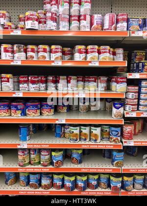 Canned food in grocery store Stock Photo - Alamy