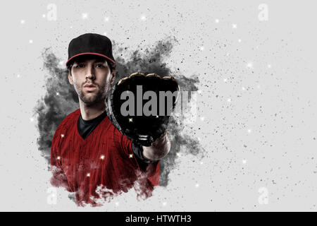 Baseball Player with a red uniform coming out of a blast of smoke Stock ...