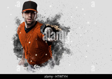 Baseball Player with a orange uniform coming out of a blast of smoke ...