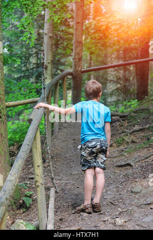 Boy stands among trees in forest park Stock Photo - Alamy