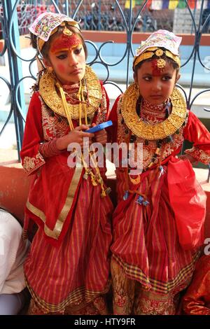 Nala, Nepal. 15th Mar, 2017. Newar girls attended a Bel Bibaha ...