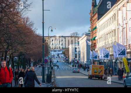 OSLO, NORWAY - JANUARY 29: People walking along the street in Oslo ...