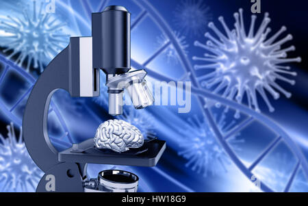 Brain under microscope 3D illustration. Neural connections, neural ...