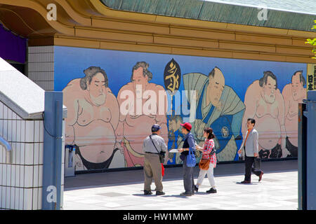 Sumo wrestler mural paintings at Ryogoku kokugikan, Tokyo Japan Stock ...