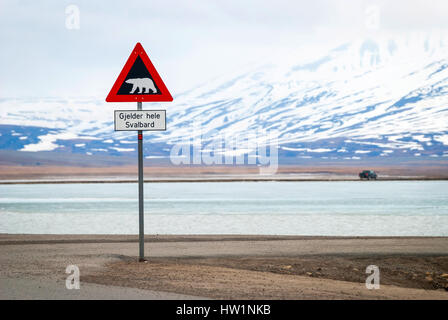 Norway, Svalbard, Spitzbergen, Longyearbyen, warning sign of potential ...