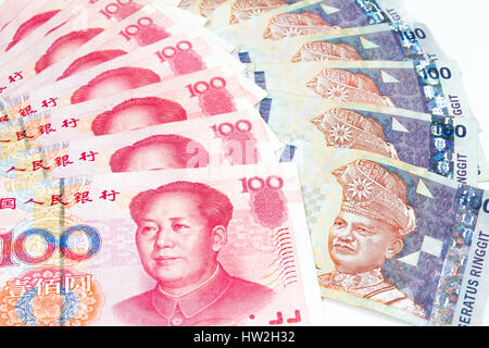 China Ren Ming Bi (RMB) versus Ringgit Malaysia (RM) in plain white ...