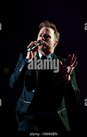 Liverpool, UK. 16th March 2017. Singer, Olly Murs, performs during his ...