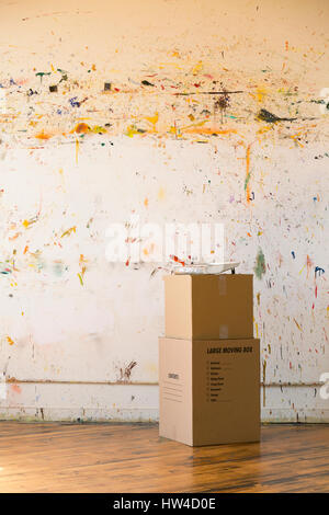 Paint splattered on wall near ladder Stock Photo - Alamy