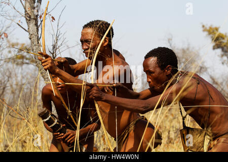 Bushman hunters with bow and arrow simulating a hunt at Grashoek ...