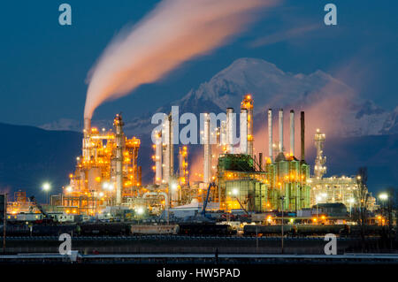 The Marathon Anacortes Refinery at dusk, Mt. Baker behind, from Fidalgo ...