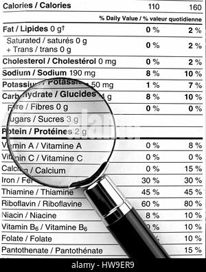 Magnifying glass on nutrition facts Stock Photo - Alamy