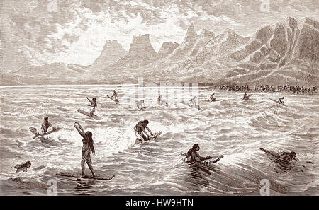 Engraving of surf swimming (surfing) in Hawaii, c1888 Stock Photo - Alamy