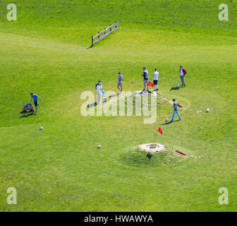 INDEN - MAY 5: Aerial view of people playing soccer golf and going for ...