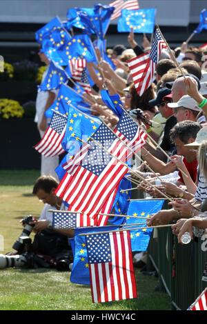 Ryder Cup flags of, USA. , . and Europe during day -1 of the Ryder Cup ...