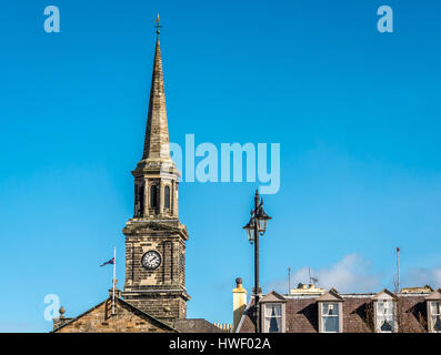 Haddington Town Hall spire and clock in reflected evening light ...