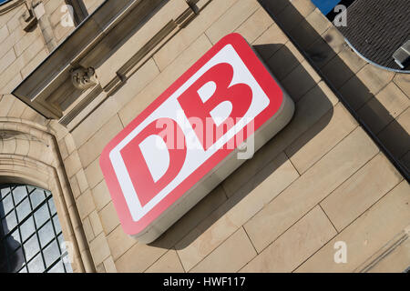 German railway logo "DB" (Deutsche Bahn) on glass facade of Berlin main ...