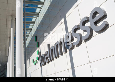 Koelnmesse sign at the Entrance. With around 75 trade fairs annually ...