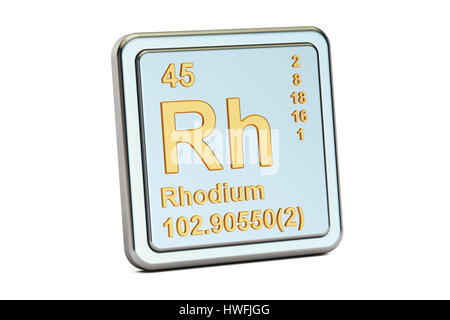Rhodium Rh chemical element, 3D rendering isolated on white background ...