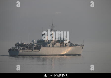 Royal Navy minesweeper HMS Hurworth M39 on the River Thames in London ...