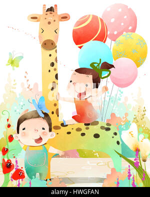 Happy childrens outdoor, brother and sister in park have fun. Boy and girl in park learning to ...