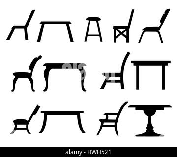 Black silhouette. Restaurant and cafe wooden table and two chairs. Flat ...