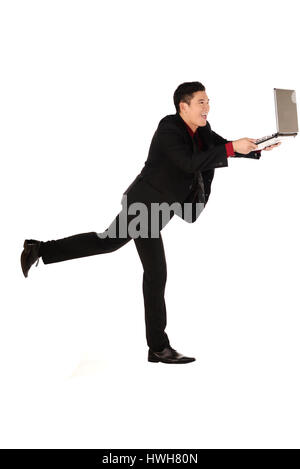 Isolated business man run with laptop Stock Photo - Alamy