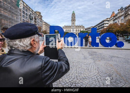 Porto sign at Avenue of the Allies (Avenida dos Aliados) in Porto city ...