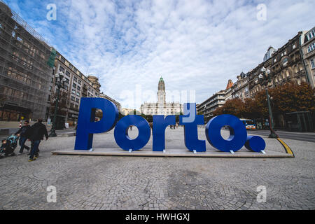 Porto sign at Avenue of the Allies (Avenida dos Aliados) in Porto city ...