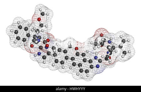 Velpatasvir hepatitis C virus (HCV) drug molecule. 3D rendering. Atoms ...