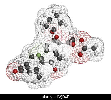 Amcinonide topical corticosteroid drug molecule. 3D rendering. Atoms ...