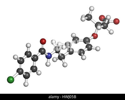 Bezafibrate hyperlipidemia drug molecule (fibrate class). Skeletal ...