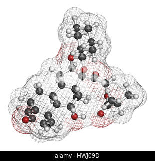 Ciclesonide glucocorticoid drug molecule. 3D rendering. Atoms are ...