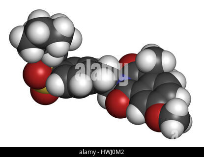 Gliquidone diabetes drug molecule. 3D rendering. Atoms are represented ...