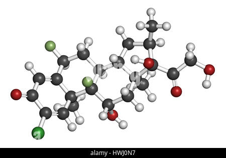 Halometasone topical corticosteroid drug molecule. 3D rendering. Atoms ...