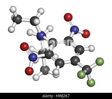 Benfluralin herbicide molecule. 3D rendering. Atoms are represented as ...