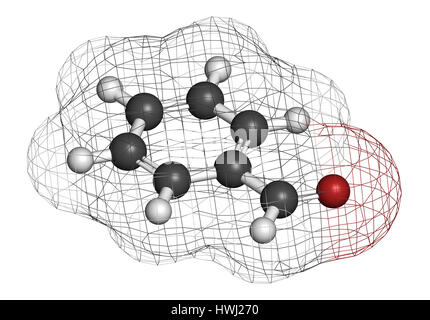 Benzaldehyde. Molecular model of the aromatic aldehyde known as ...