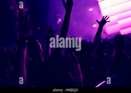 Crowd rocking during a concert with raised arms. Toned image Stock ...