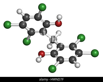 Hexachlorophene disinfectant molecule. 3D rendering. Atoms are ...