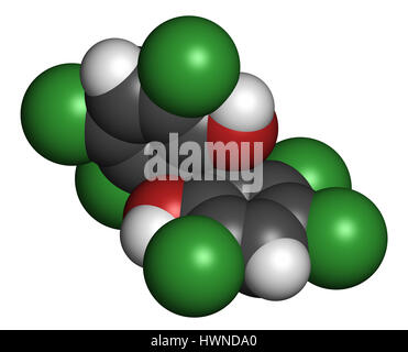 Hexachlorophene disinfectant molecule. 3D rendering. Atoms are ...