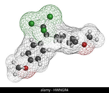Methoxychlor pesticide molecule. 3D rendering. Atoms are represented as ...