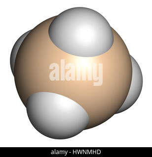 Silane (SiH4) molecule. 3D rendering. Atoms are represented as spheres ...