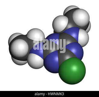 Simazine herbicide molecule. 3D rendering. Atoms are represented as ...