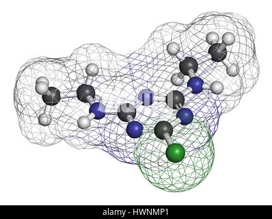 Simazine herbicide molecule. 3D rendering. Atoms are represented as ...