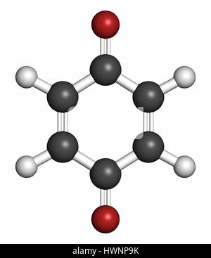 Benzoquinone (quinone, para-benzoquinone) molecule. 3D rendering. Atoms ...