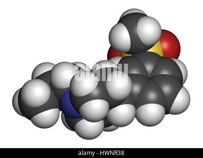 Pridopidine Huntington's disease drug molecule. 3D rendering. Atoms are ...
