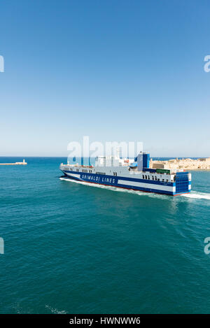 A Grimaldi Lines ferry leaving the Grand Harbour at Valetta Malta en ...