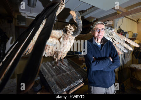 Artist Nick Johnson in his Lewes workshop with two giant sculptures of ...