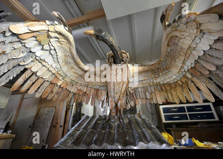 Artist Nick Johnson in his Lewes workshop with two giant sculptures of ...